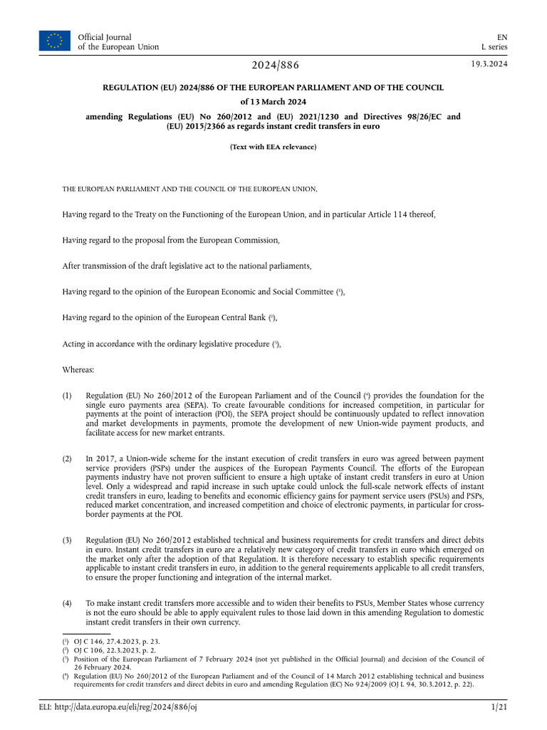 Instant Payment Regulation EU 2024 - 886 | PDF | Payments | Euro