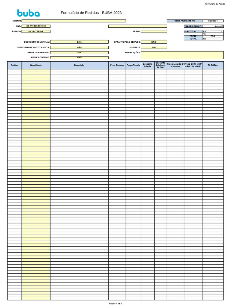 Formulário de Pedido e Tabela Buba Sem Macro - 17.03.23 | PDF