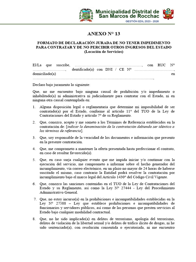 ANEXO 13 Formato Declaracion Jurada de No Tener Impedimento | PDF | Gobierno | Justicia