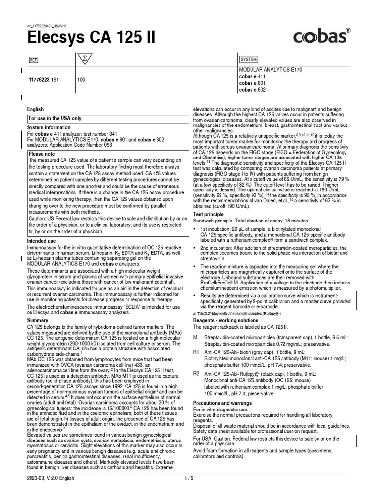 Insert - Elecsys CA 125 II - Ms - 11776223161 - USA.V2.en | PDF | Detection Limit | Ovarian Cancer