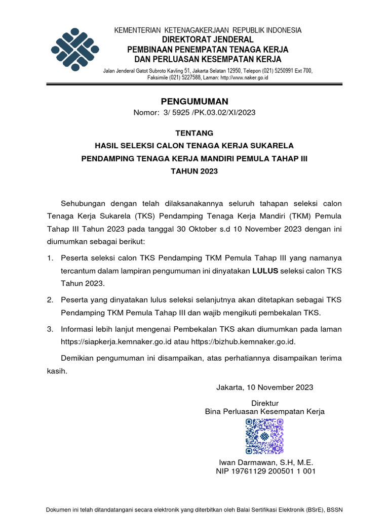 PENGUMUMAN HASIL SELEKSI TKS PENDAMPING TKM PEMULA TAHAP 3 - Sign - 3389 | PDF