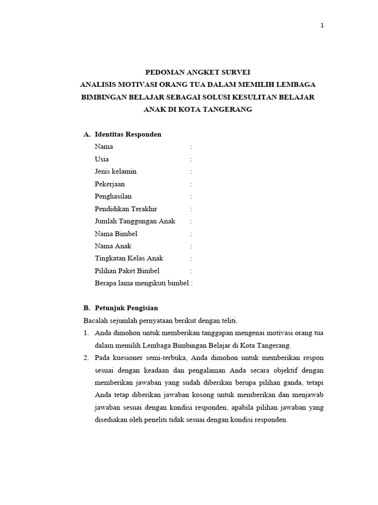 Pedoman Angket Survei Motivasi Orang Tua Memilih LBB Yy | PDF | Ilmu ...