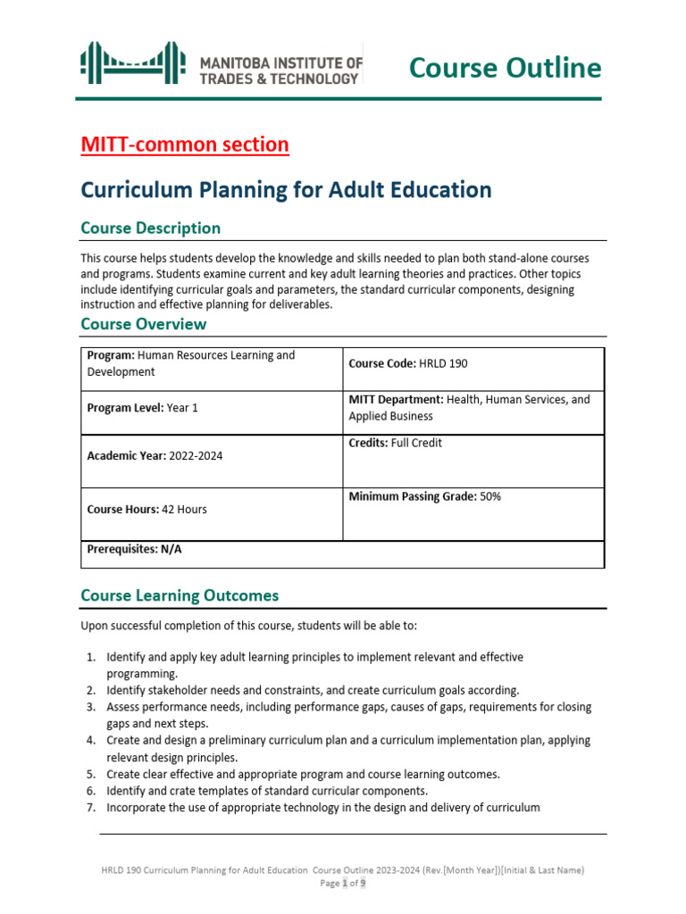 (Course Outline) HRLD 190 Curriculum Planning For Adult Education | PDF ...