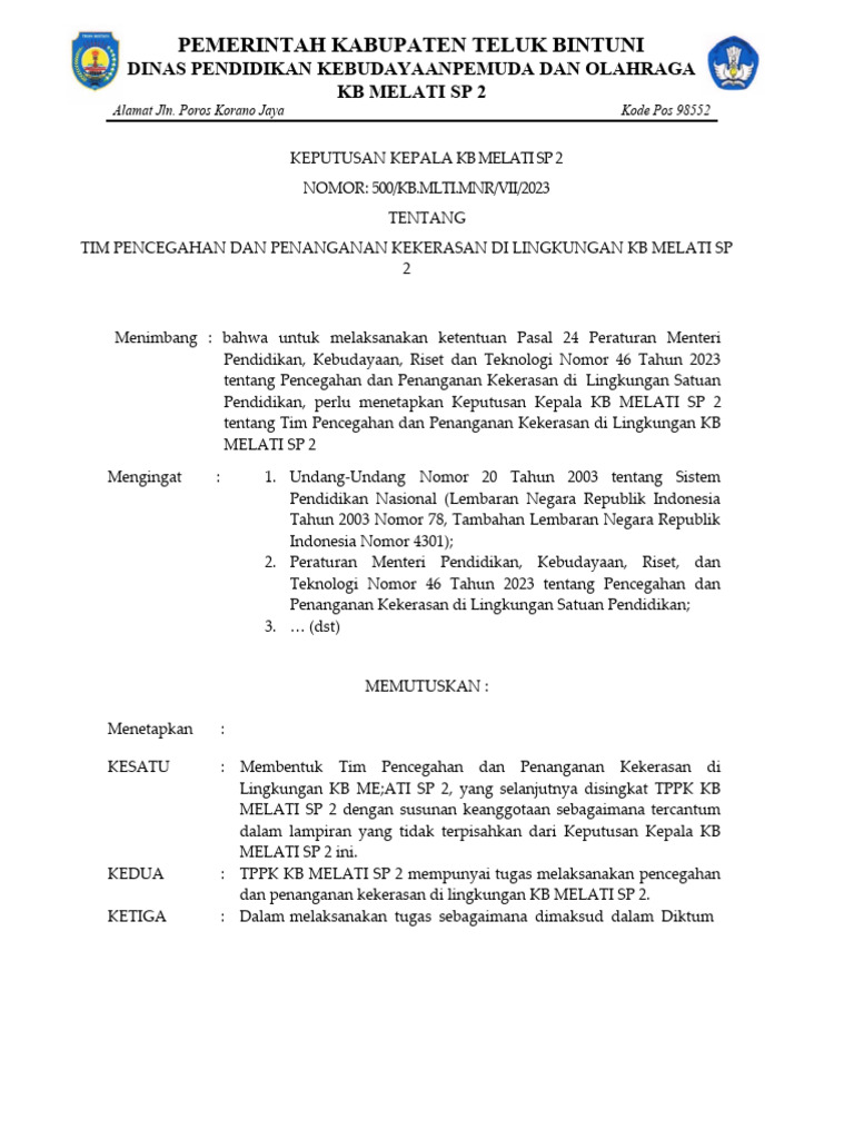 Lampiran 2 - Contoh SK Kepala Satuan Pendidikan Pembentukan TPPK | PDF