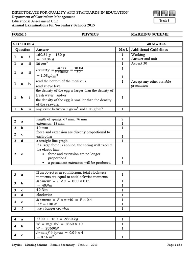 Form 3 Physics Marking Scheme 2015 | PDF