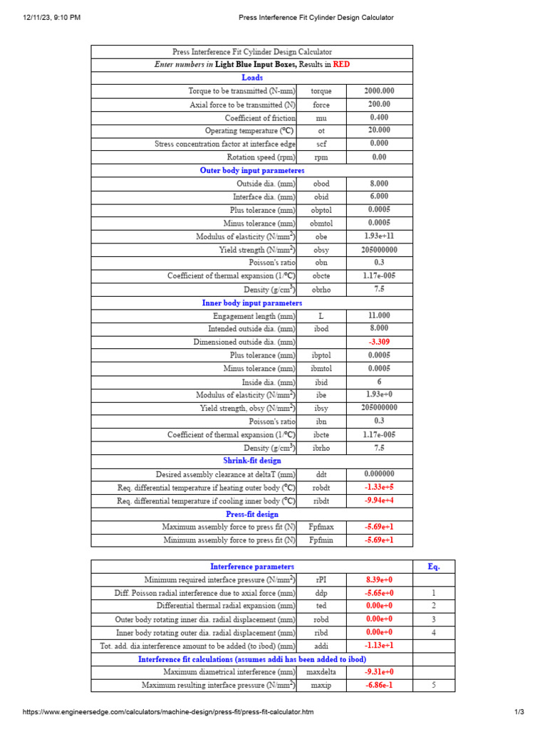 Press Interference Fit Calculator | PDF | Stress (Mechanics) | Strength ...