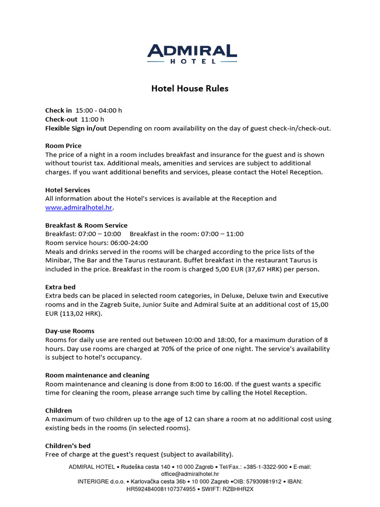 Hotel House Rules: WWW - Admiralhotel.hr | PDF | Hotel | Hospitality ...