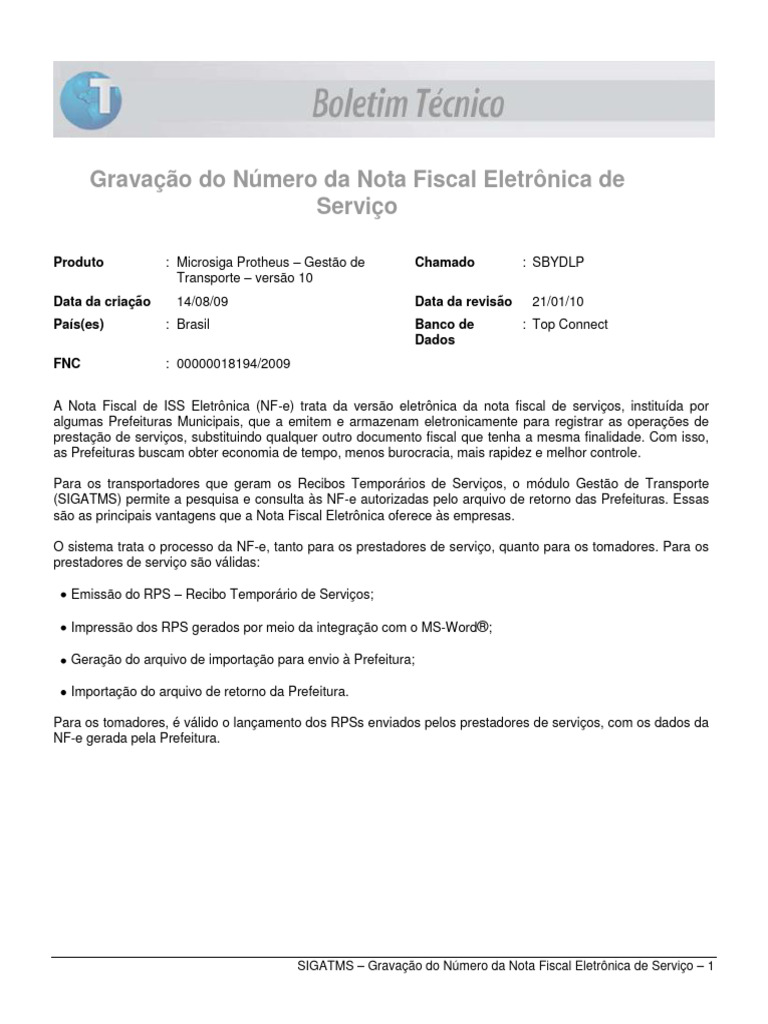 Cópia de TMS - Gravação Do Número Da Nota Fiscal Eletrônica de Serviço ...