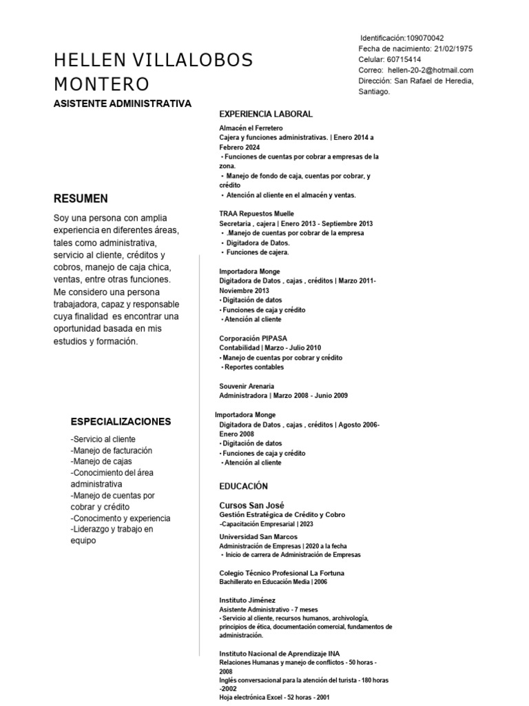 Curriculum Vitae - Hellen Villalobos Montero | Descargar gratis PDF ...