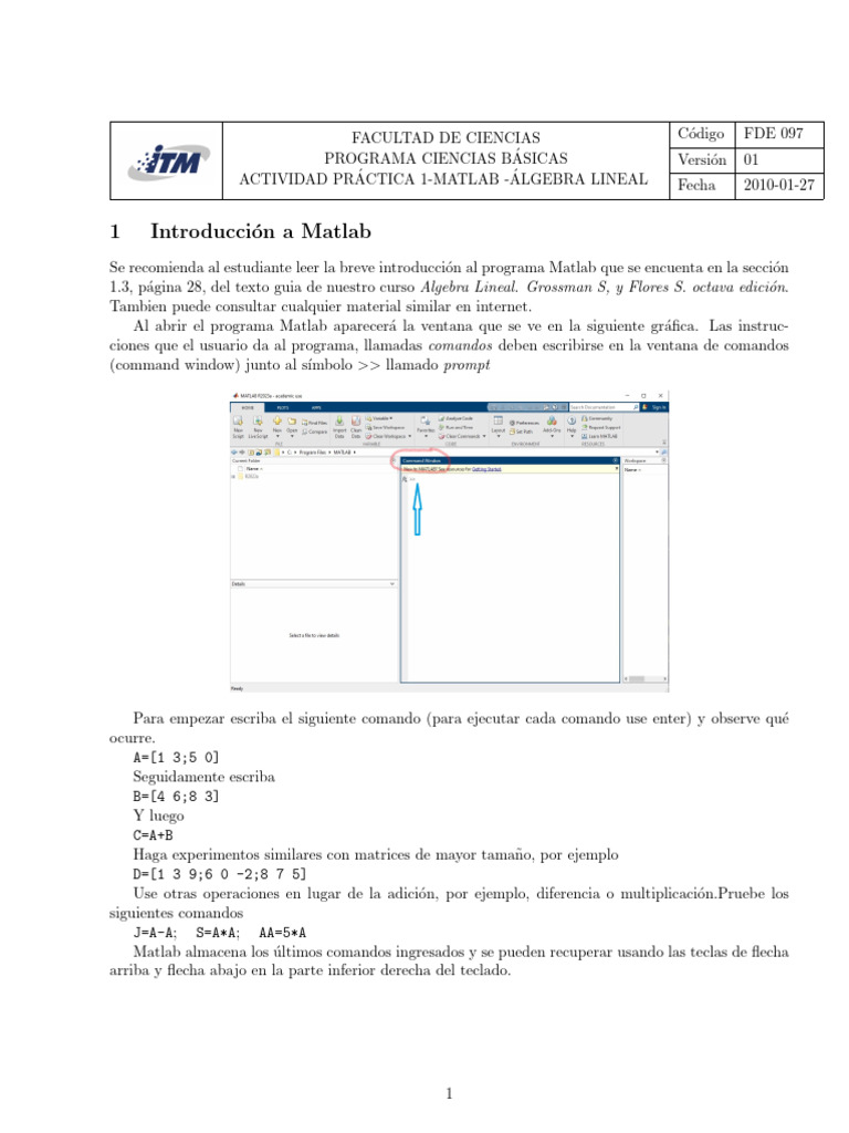 Actividad Práctica 1 Matlab | Descargar gratis PDF | Matriz (Matemáticas) | Informática