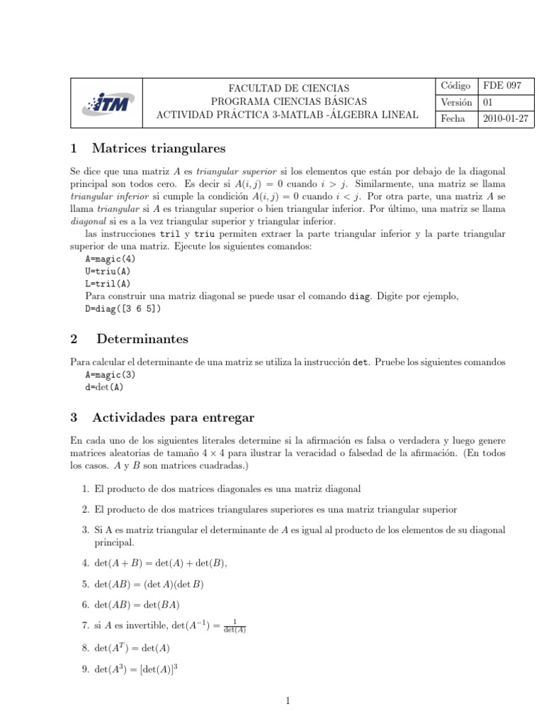 Actividad Práctica 3 Matlab | PDF | Matriz (Matemáticas) | Álgebra lineal
