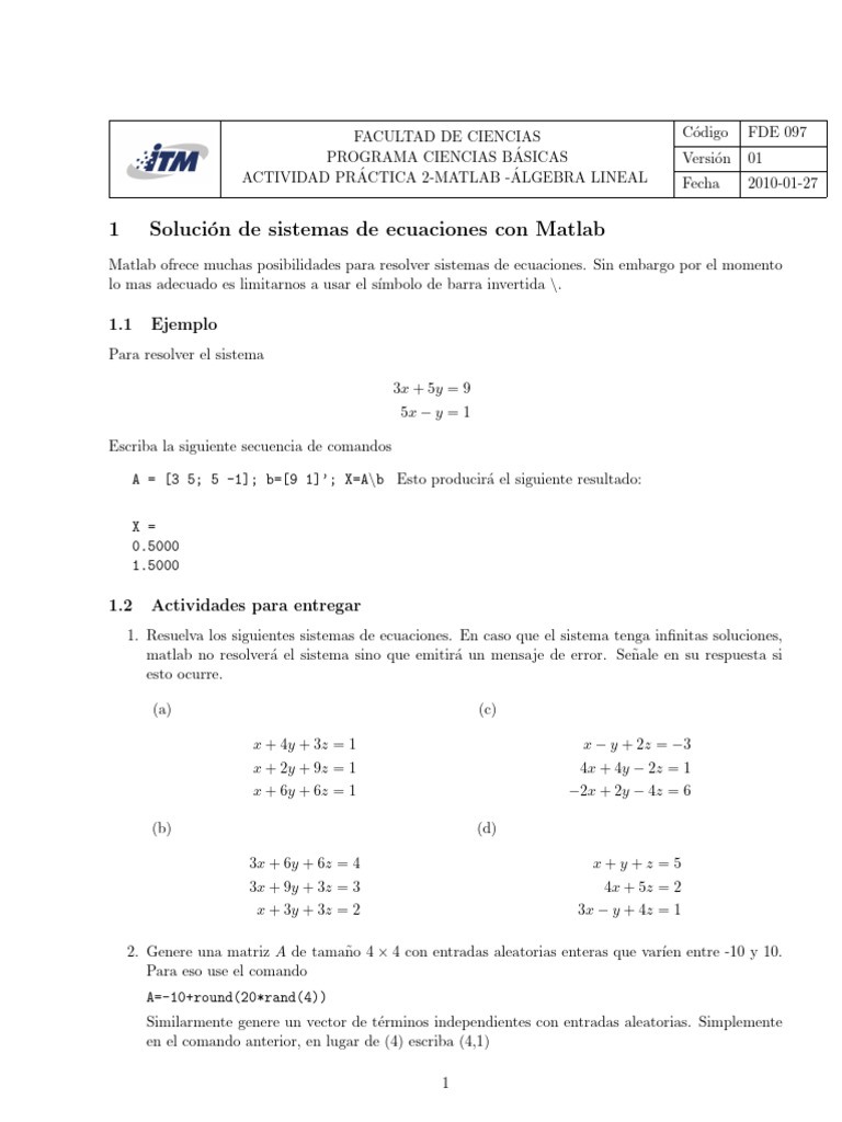 Actividad Práctica 2 Matlab | PDF | Matriz (Matemáticas) | Ecuaciones