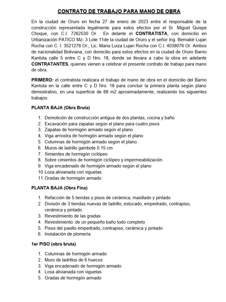 Contrato de Trabajo para Mano de Obra | Descargar gratis PDF | Ingeniería de Edificación ...