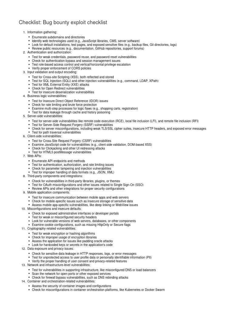 Bug Bounty Exploit Checklist | PDF | World Wide Web | Internet & Web