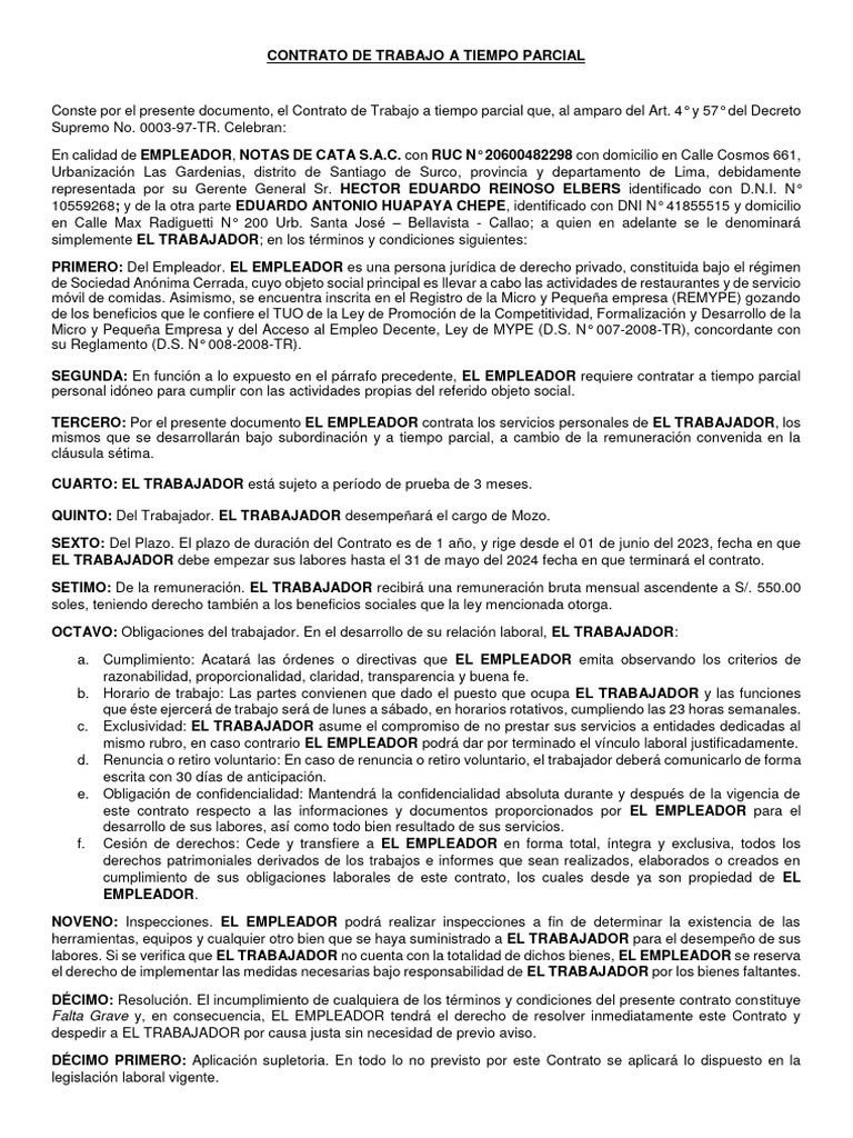 Contrato de Trabajo Part Time - Eduardo Huapaya (1) | PDF | Derecho laboral