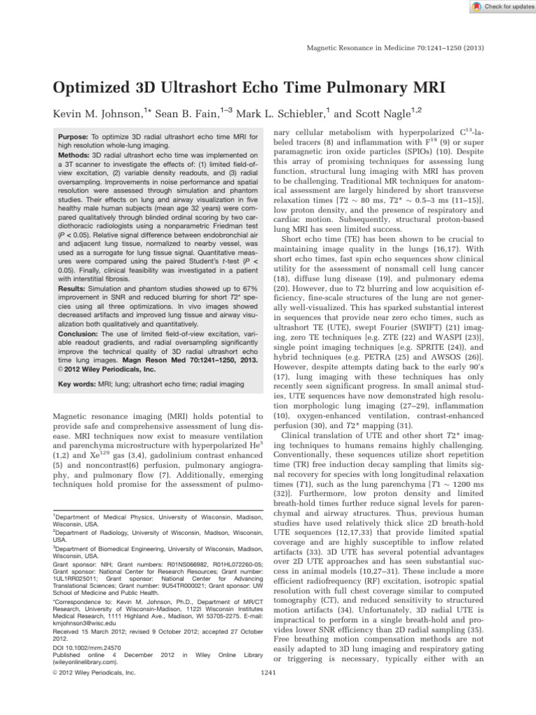 Johnson Et Al. - 2013 - Optimized 3D Ultrashort Echo Time Pulmonary MRI | PDF | Magnetic ...