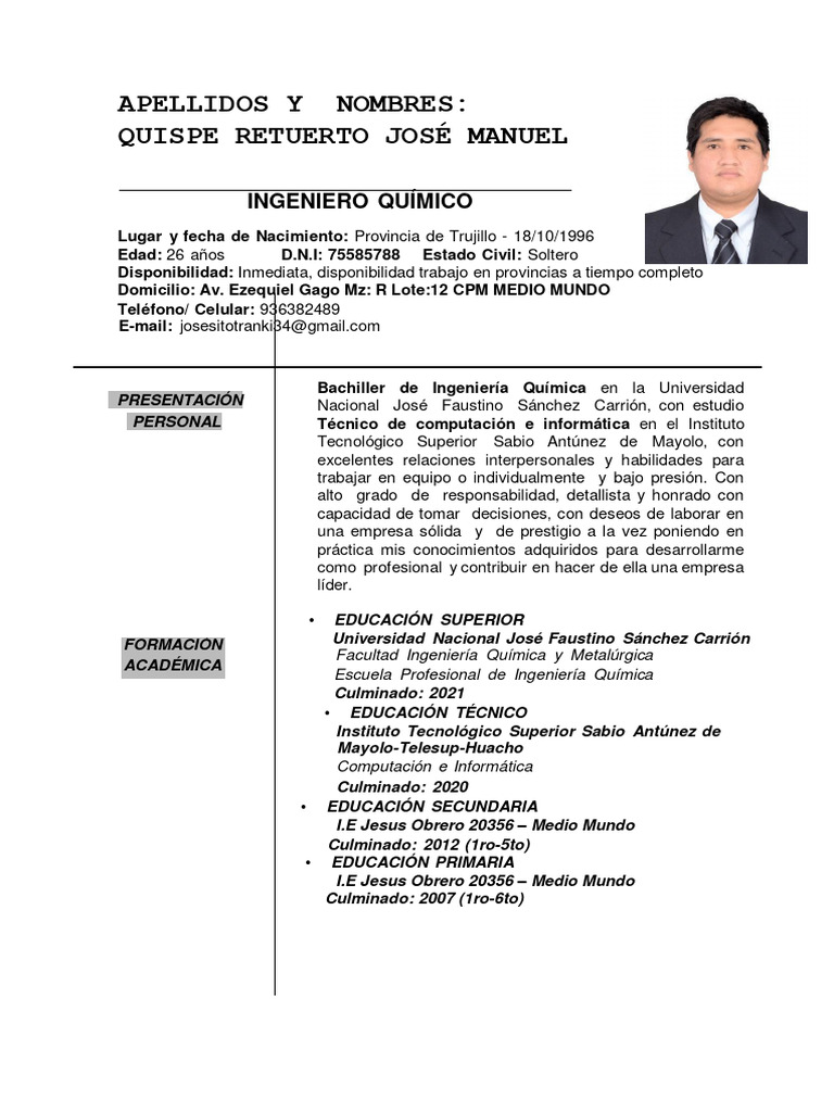 Jose Manuel Quispe Retuerto CV | PDF | Negocios