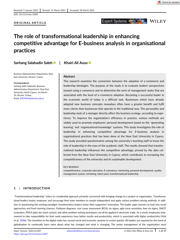 Expert Systems - 2023 - Saleh - The Role of Transformational Leadership in Enhancing Competitive ...