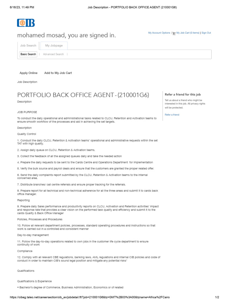 Portfolio Back Office Agent Job Description | PDF | Regulatory ...
