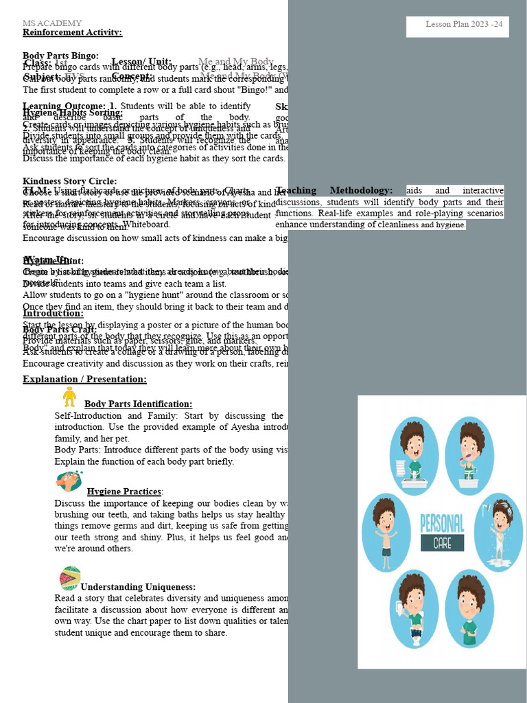 LESSON PLAN (Class 1 - EVS, Me and My Body) | PDF | Hygiene | Lesson Plan
