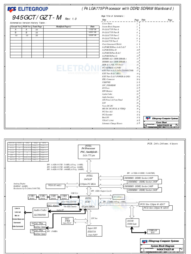 Esquema Schematic Motherboard ECS 945GCT M 945GZT M REV 1 0 3179 | PDF | Computer Engineering ...