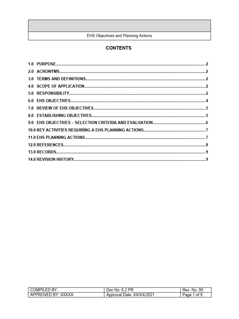 EHS Objectives and Planning Actions | PDF