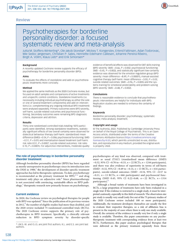 Psychotherapies For Borderline Personality Disorder A Focused Systematic Review and Meta ...