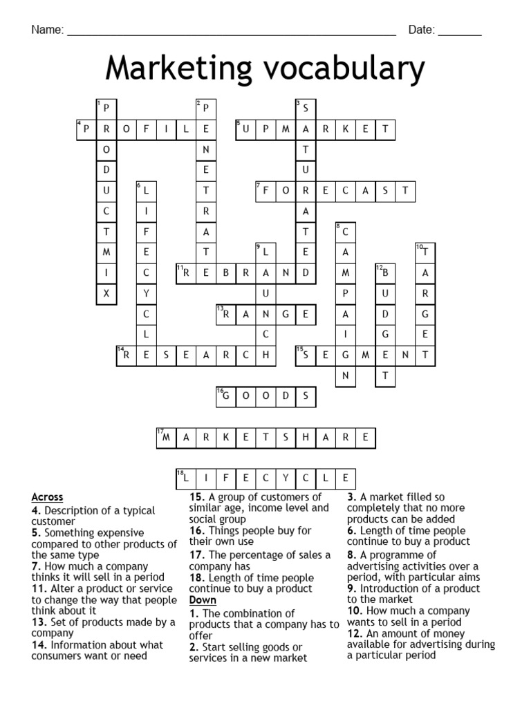 Marketing Vocabulary Crossword Answers | PDF | Marketing | Promotion ...