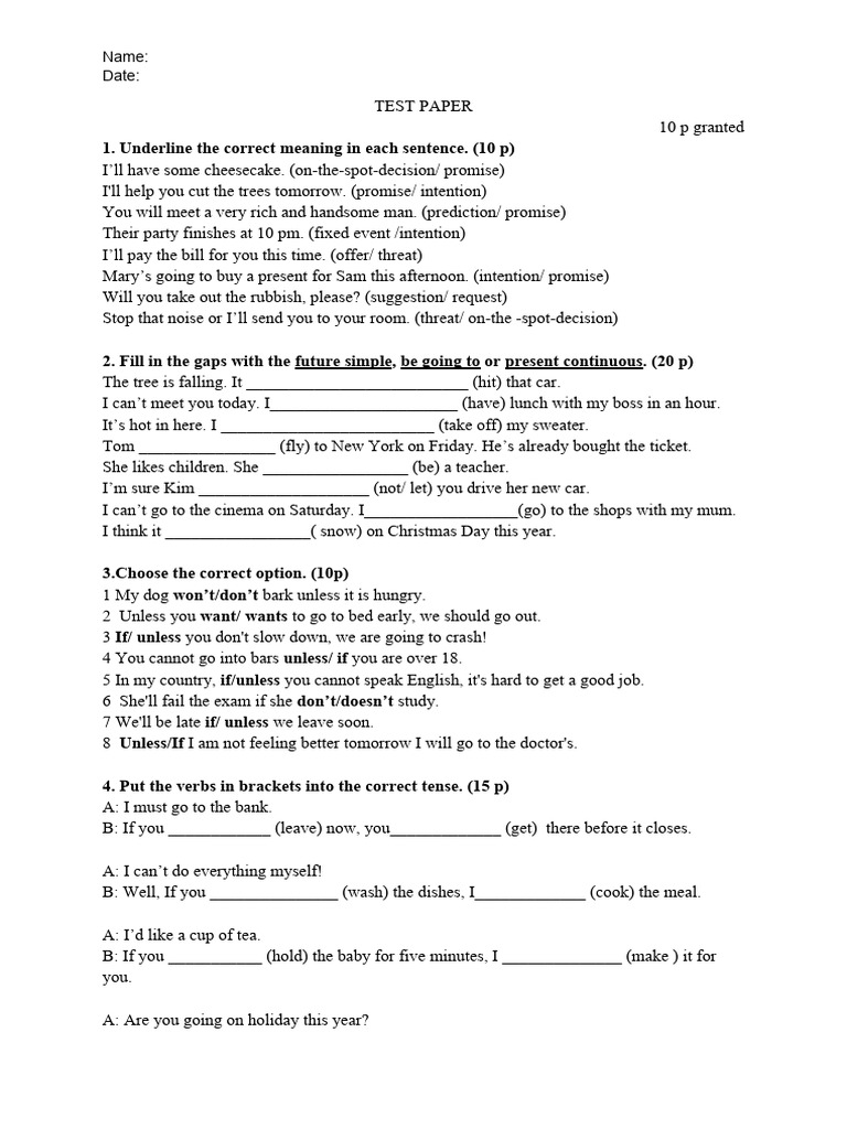 Test zero and first conditional 7th grade | PDF