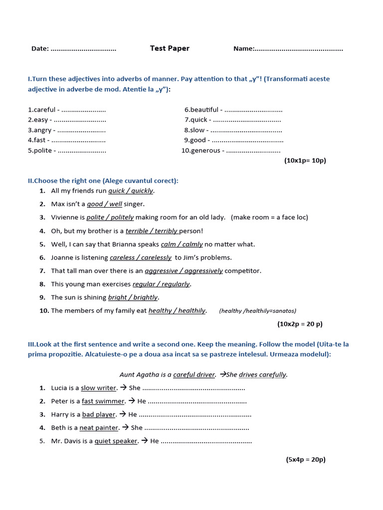 Test cls.8 Dec.'21-Adj-Adv | PDF | Language Arts & Discipline