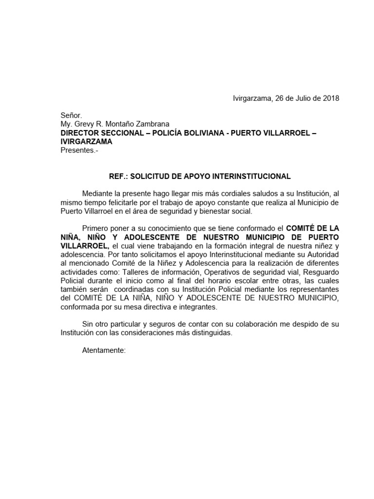 Carta de Solicitud DE APOYO INTERINSTITUCIONAL ALA POLICIA BOLIVIANA | PDF