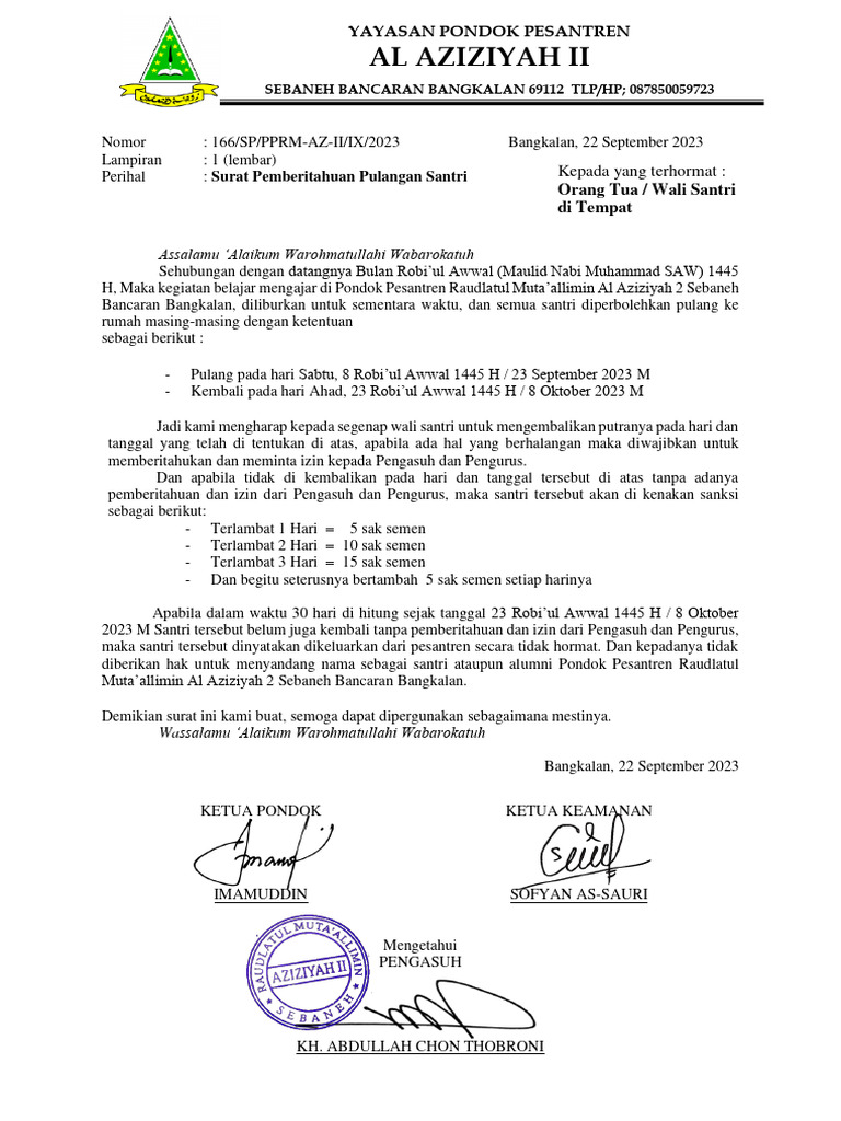 Surat Edaran Pulangan Pondok | PDF
