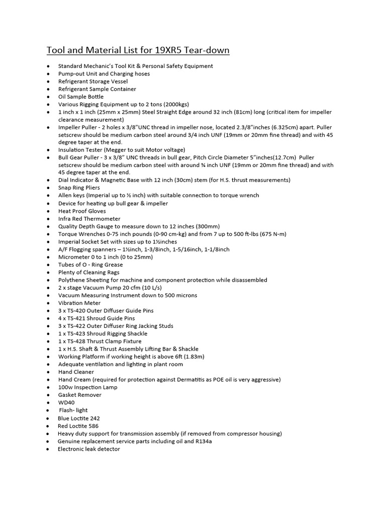 19XR5 Teardown Tool - and - Material - List | PDF | Gear | Manufactured ...