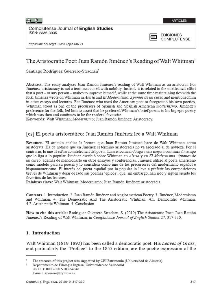 Juan Ramón Jiménez's Reading of Walt Whitman PDF | PDF | Poetry | Walt ...