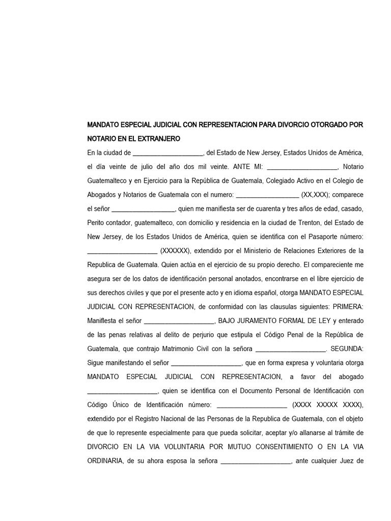 Minuta Mandato Especial Judicial Con Representacion para Divorcio ...