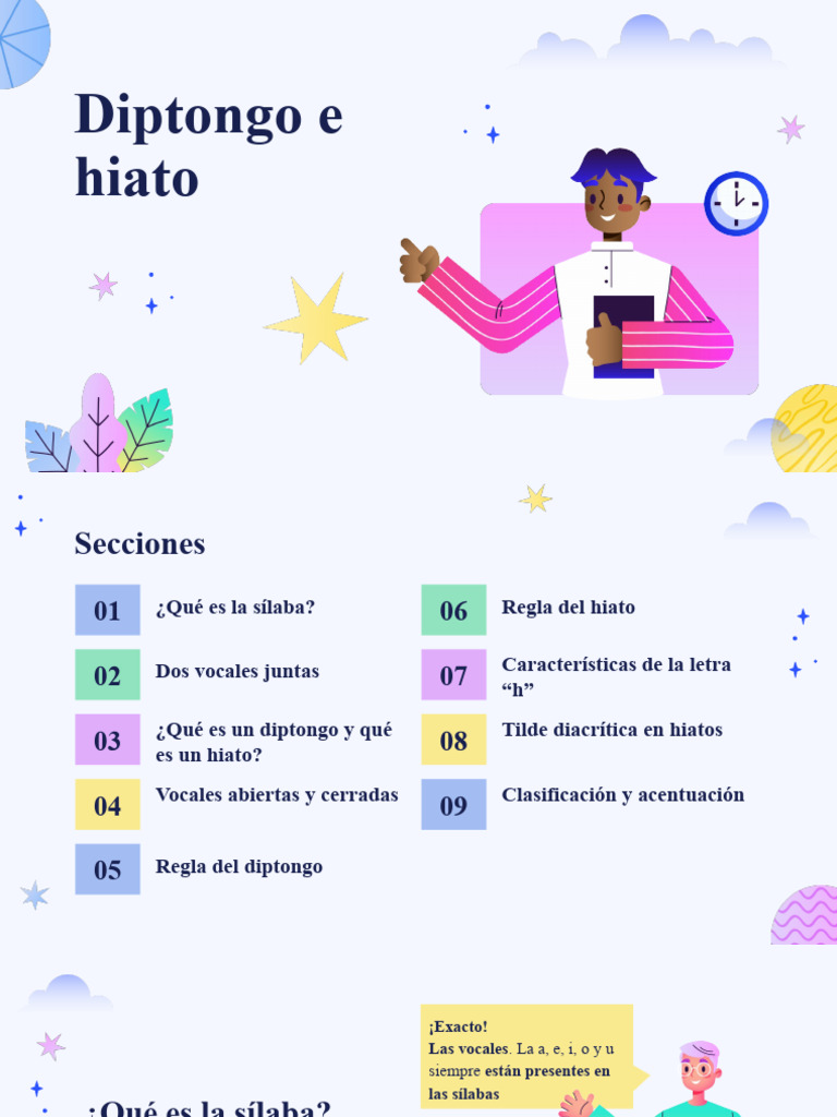 ES Diphthong and Hiatus in Spanish by Slidesgo | PDF | Vocal | Sílaba