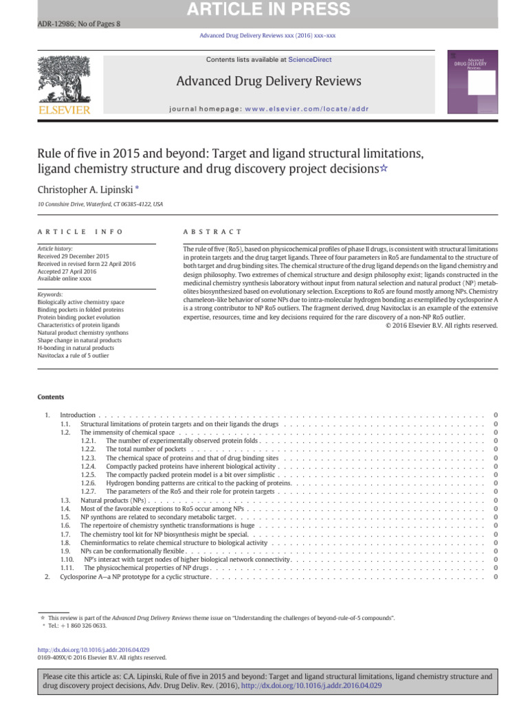 Advanced Drug Delivery Reviews: Christopher A. Lipinski | PDF ...