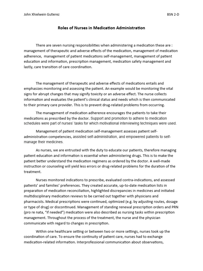 Roles of Nurses in Medication Administration | PDF