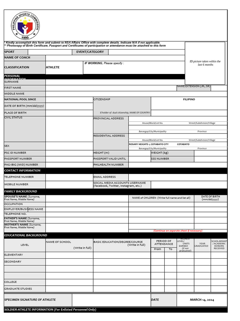 Philippine Athlete Profile Form | PDF | Government | Government And ...