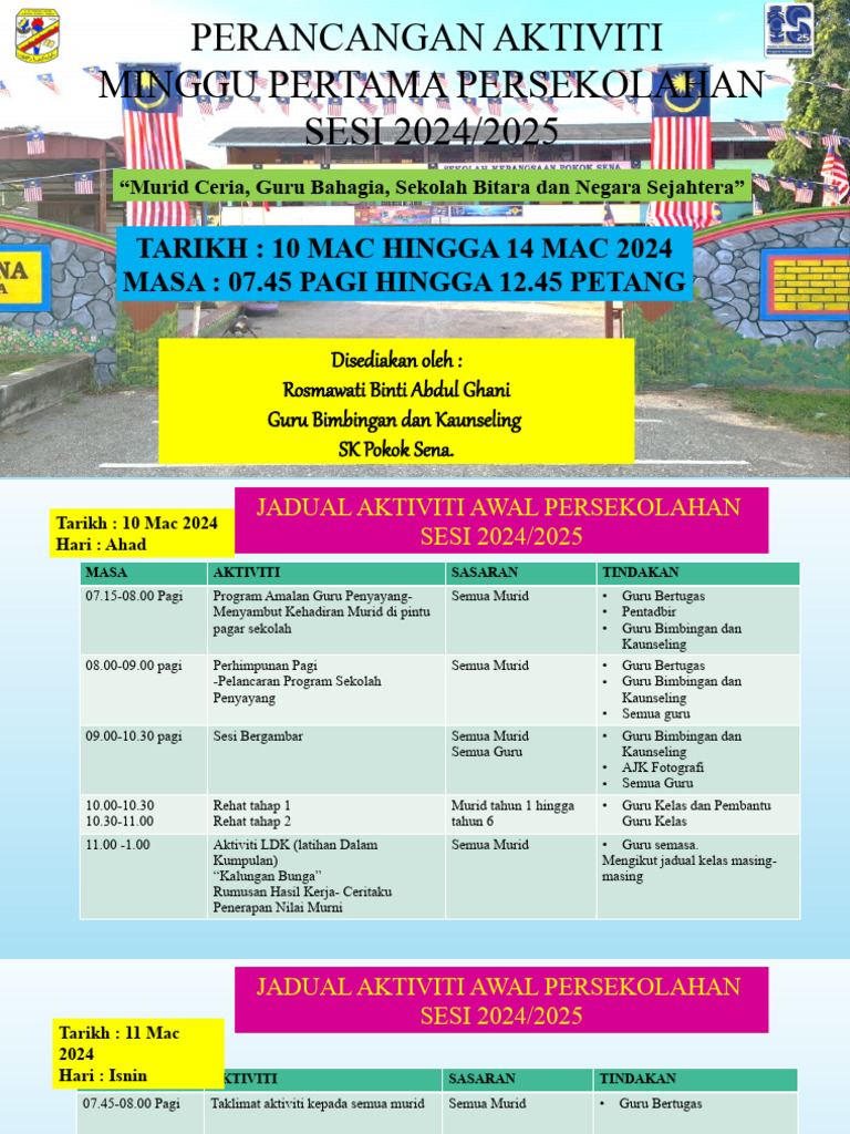 Perancangan Aktiviti Minggu Awal Persekolahan Sesi 2425 | PDF
