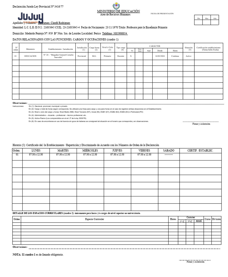 1 - Declaración Jurada Ley Provincial #3416-77 - Logo Jujuy Con La ...