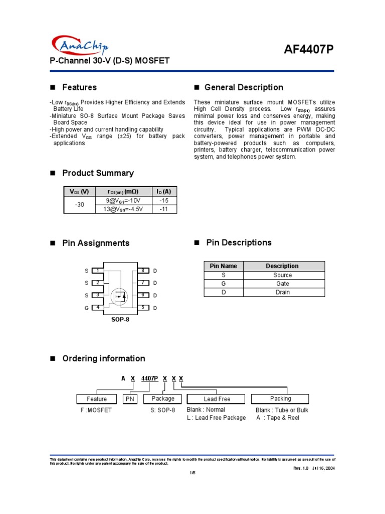 4407 Datasheet | PDF | Field Effect Transistor | Mosfet