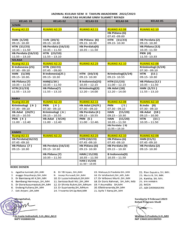 01. Jadwal Kuliah Kls Pagi Ta 2022-2023 | PDF
