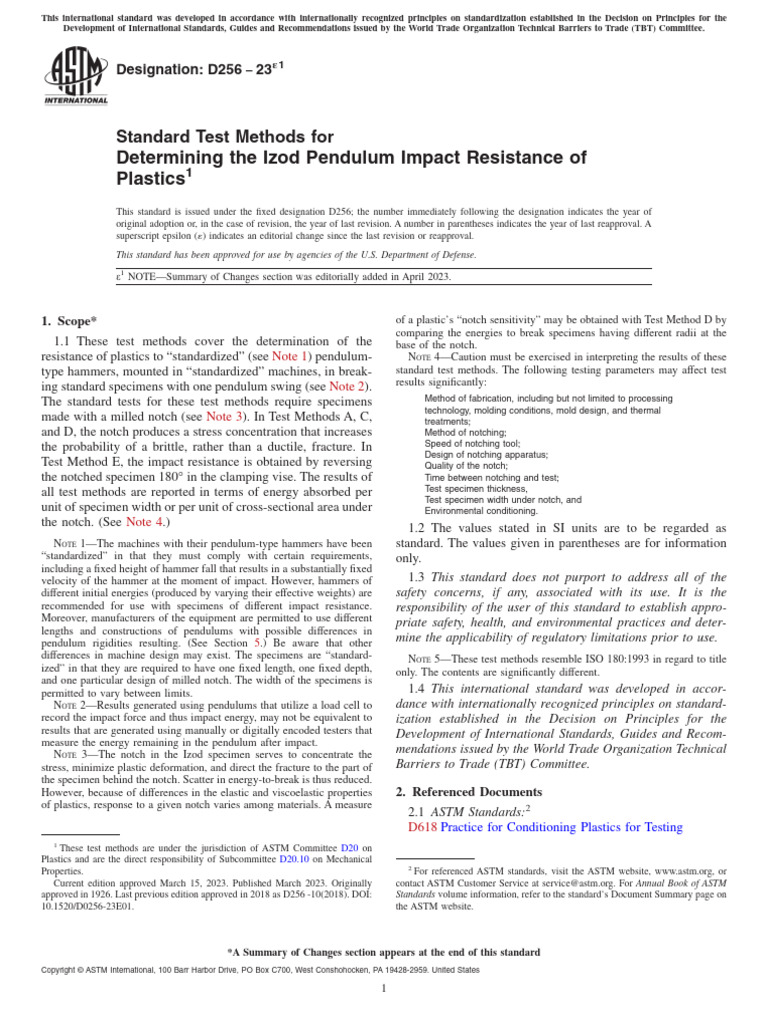 Determining The Izod Pendulum Impact Resistance of Plastics: Standard ...