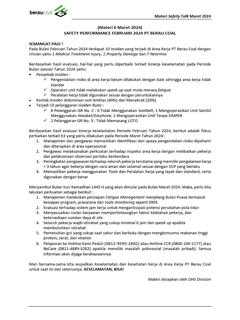 Materi Safety Talk Maret 2024 | PDF