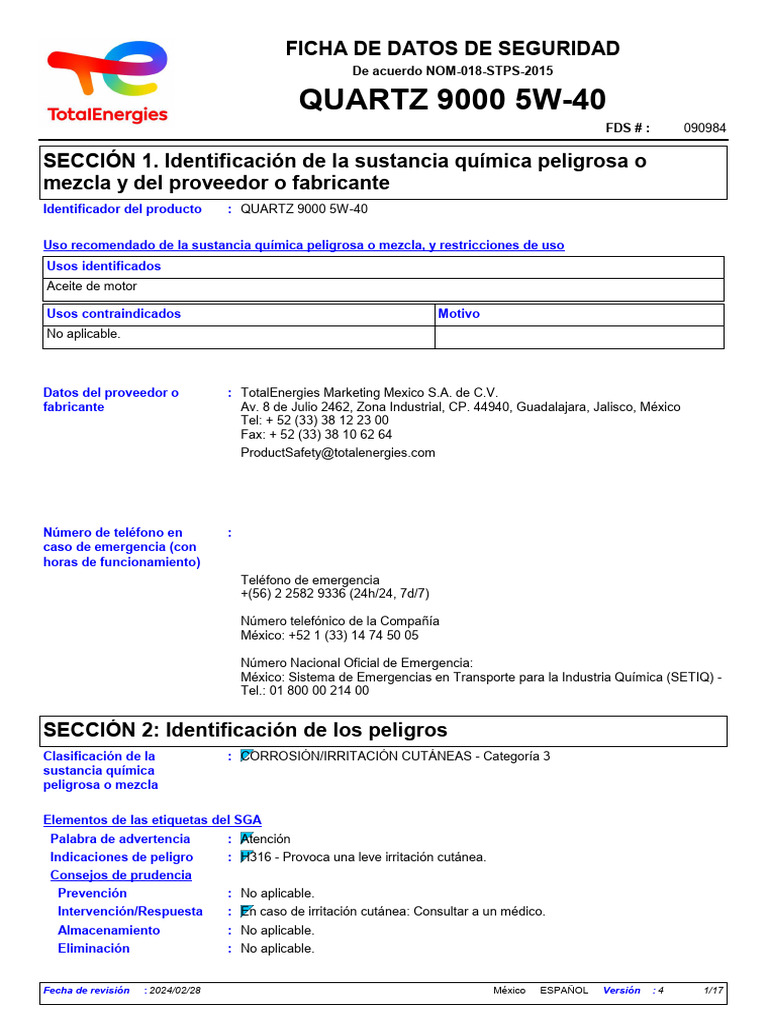 HDS Quartz 9000 5W40 | PDF | Química | Sustancias químicas