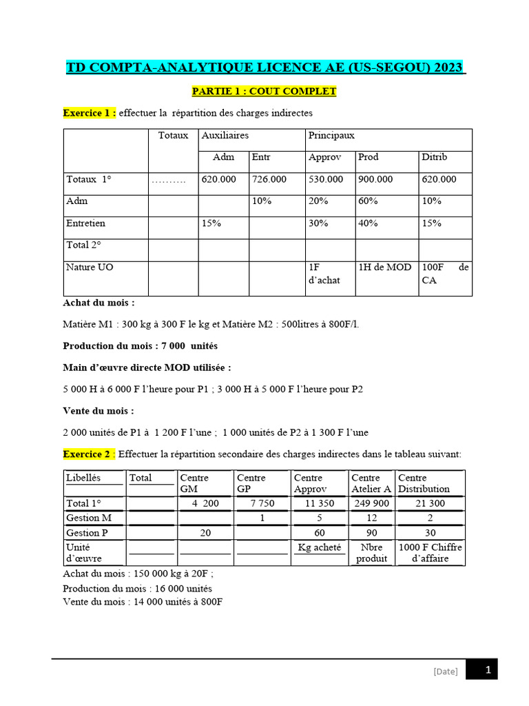 TD Compta-Analytique 2023 Us-Segou, Filiere Ael2-1 | PDF