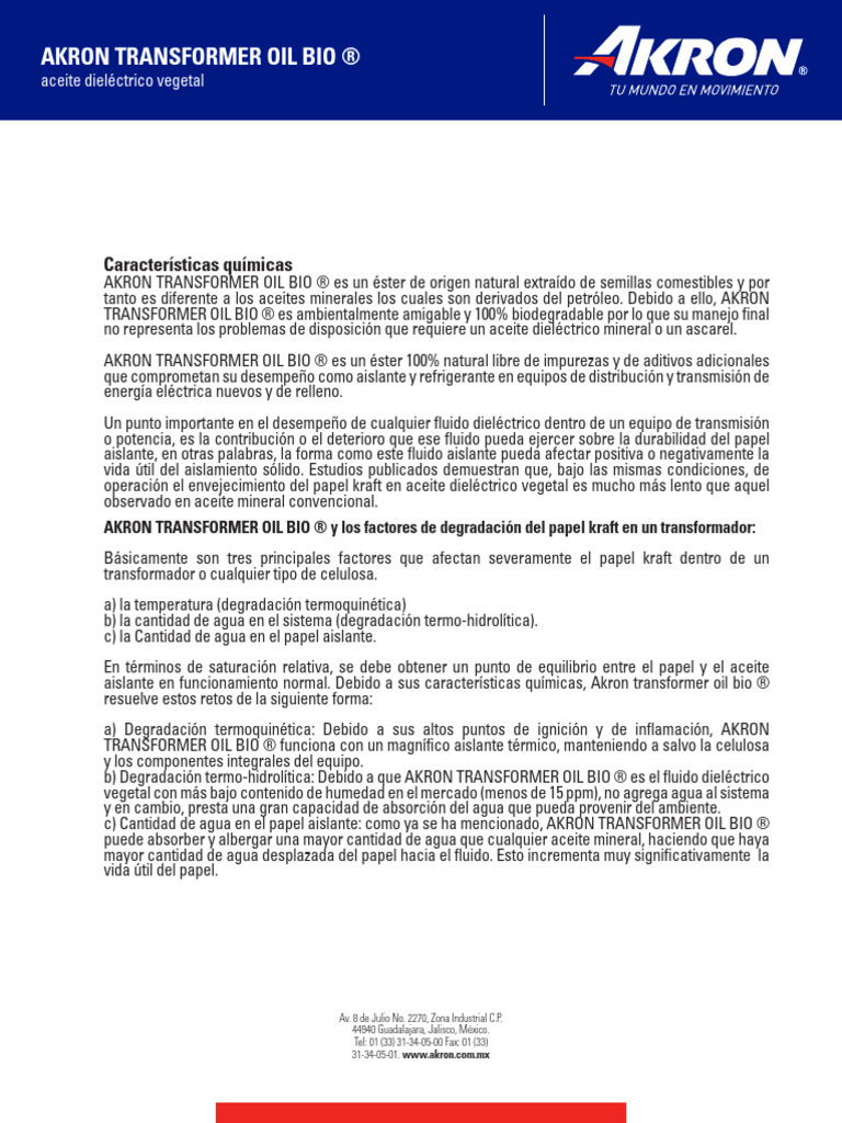 Akron Transformer Oil Bio | PDF | Aislador (Electricidad) | Transformador