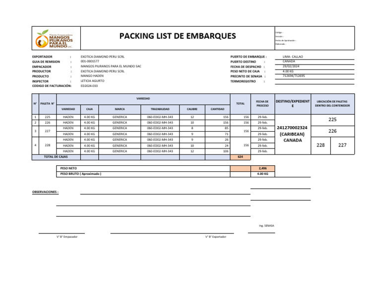 Formato Packing List Exotica 33 | PDF