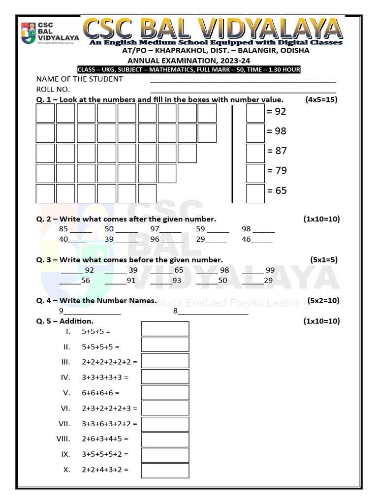 UKG Mathematics Annual Exam Paper | PDF